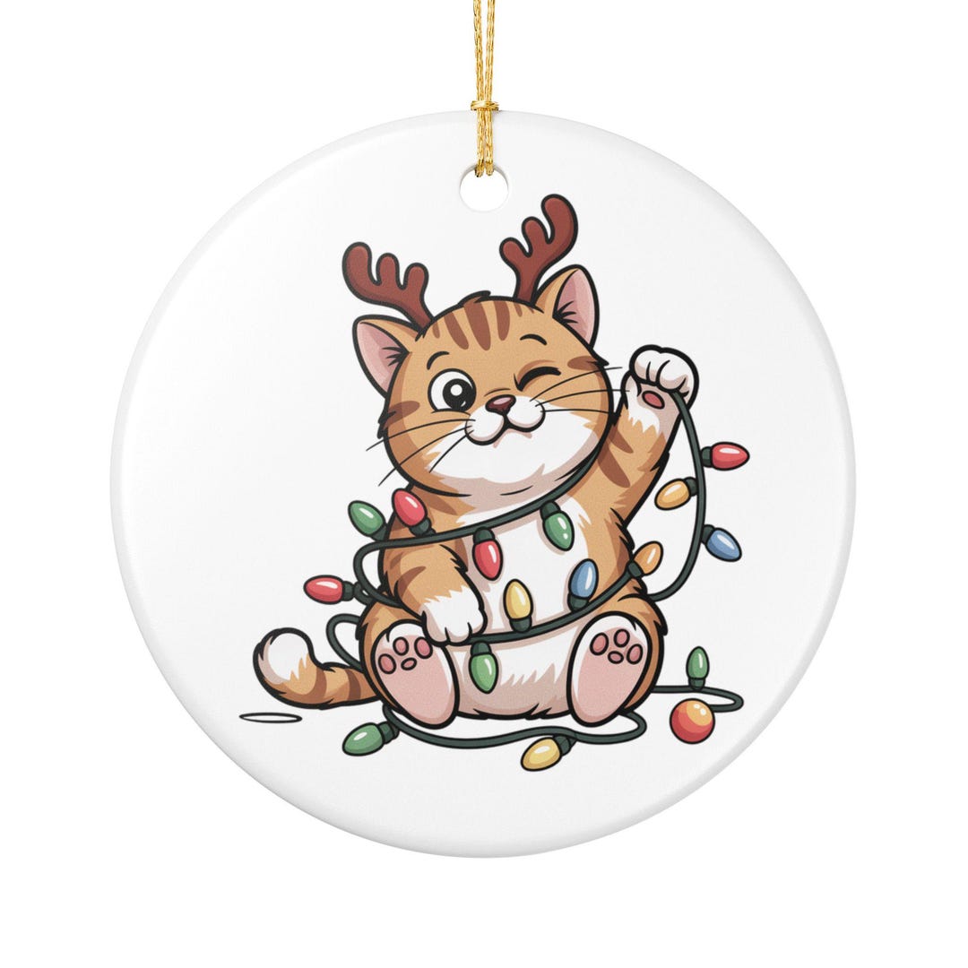 Winking Tabby Cat With Reindeer Antlers Ornament | Ceramic Holiday ...