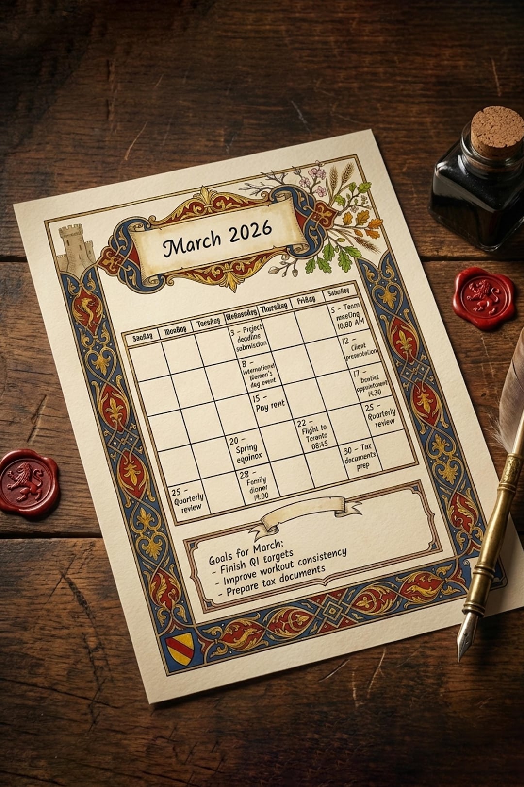 Medieval Monthly Planner, Royal Gold Illuminated Calendar (digital ...