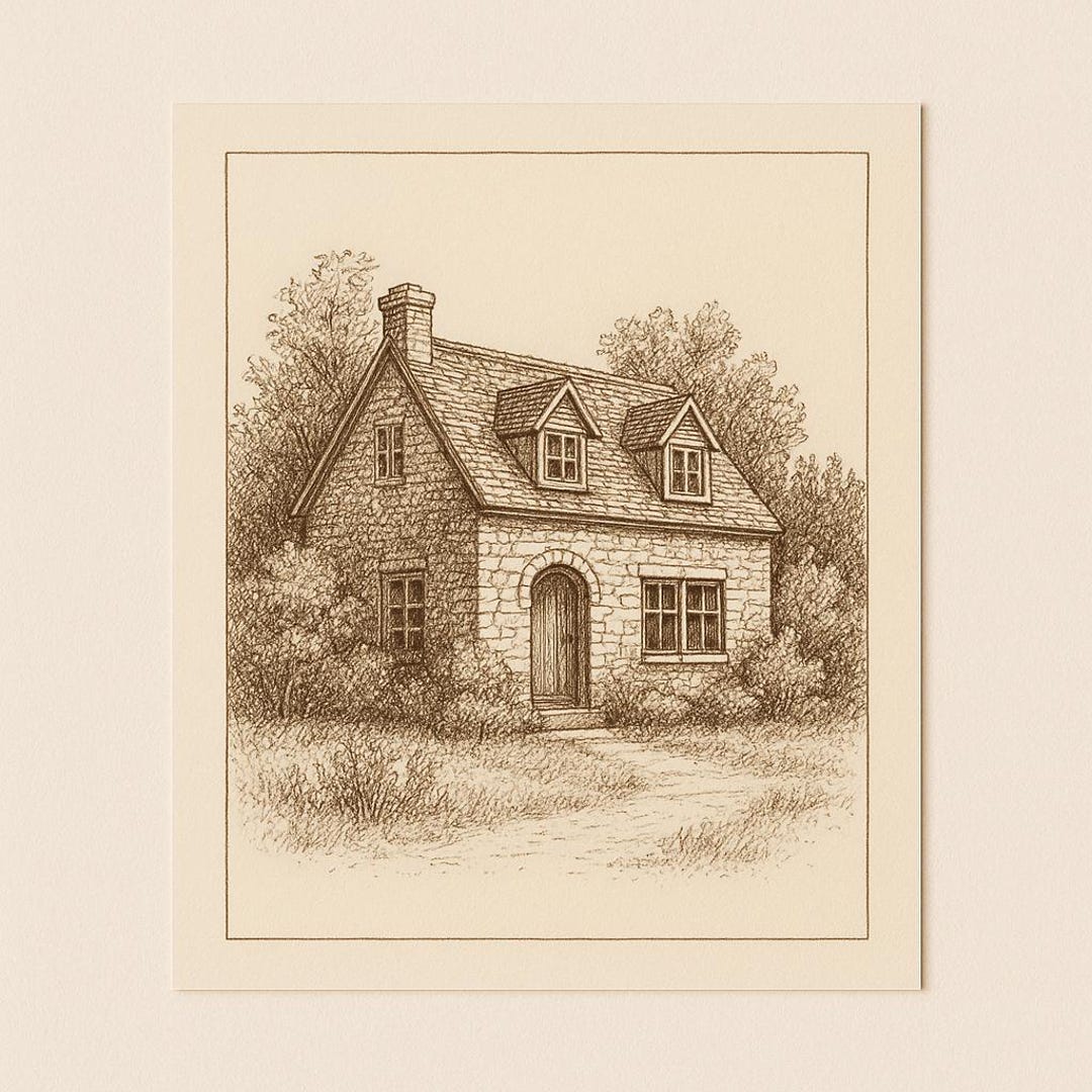 Vintage Cottage Print, Sepia Stone House Illustration (digital Download ...