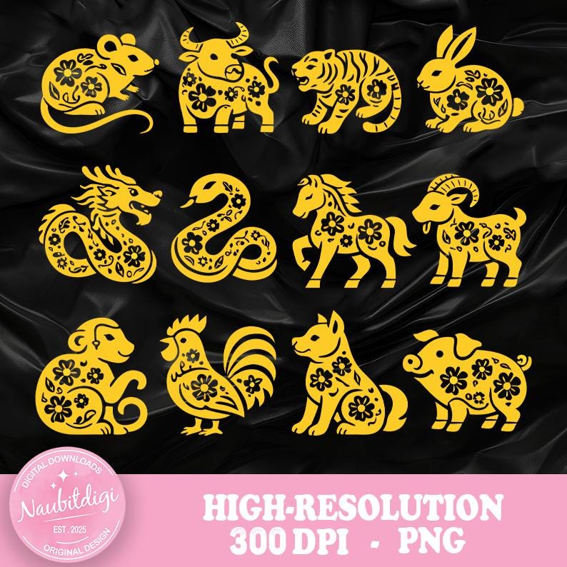 Lunar Zodiac Animals PNG , 12 Zodiac Animal Clipart, Floral Folk Art ...