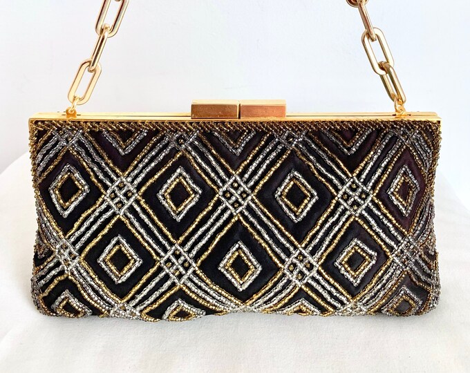 1960's Walborg Black Beaded Satin Evening Bag With Diamond Pattern ...
