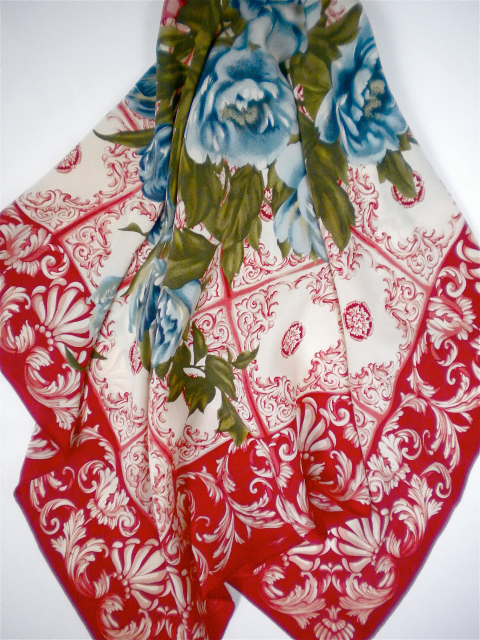 Silk Scarf Cream and Maroon Baroque Style Urn With Blue Flowers - Etsy