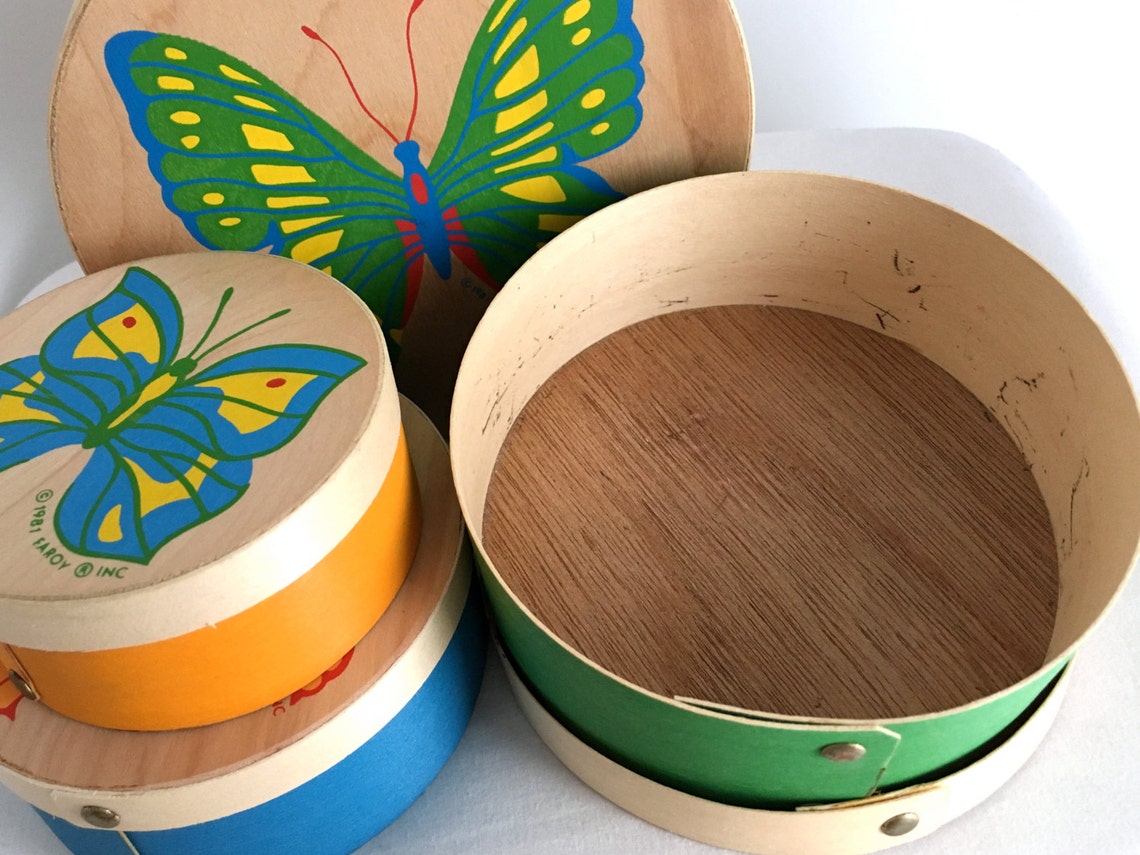 Set of Four Round Wood Nesting Boxes With Bright Butterfly | Etsy