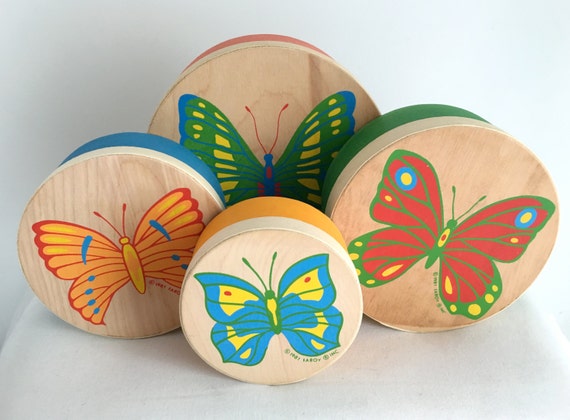 Set of Four Round Wood Nesting Boxes With Bright Butterfly | Etsy