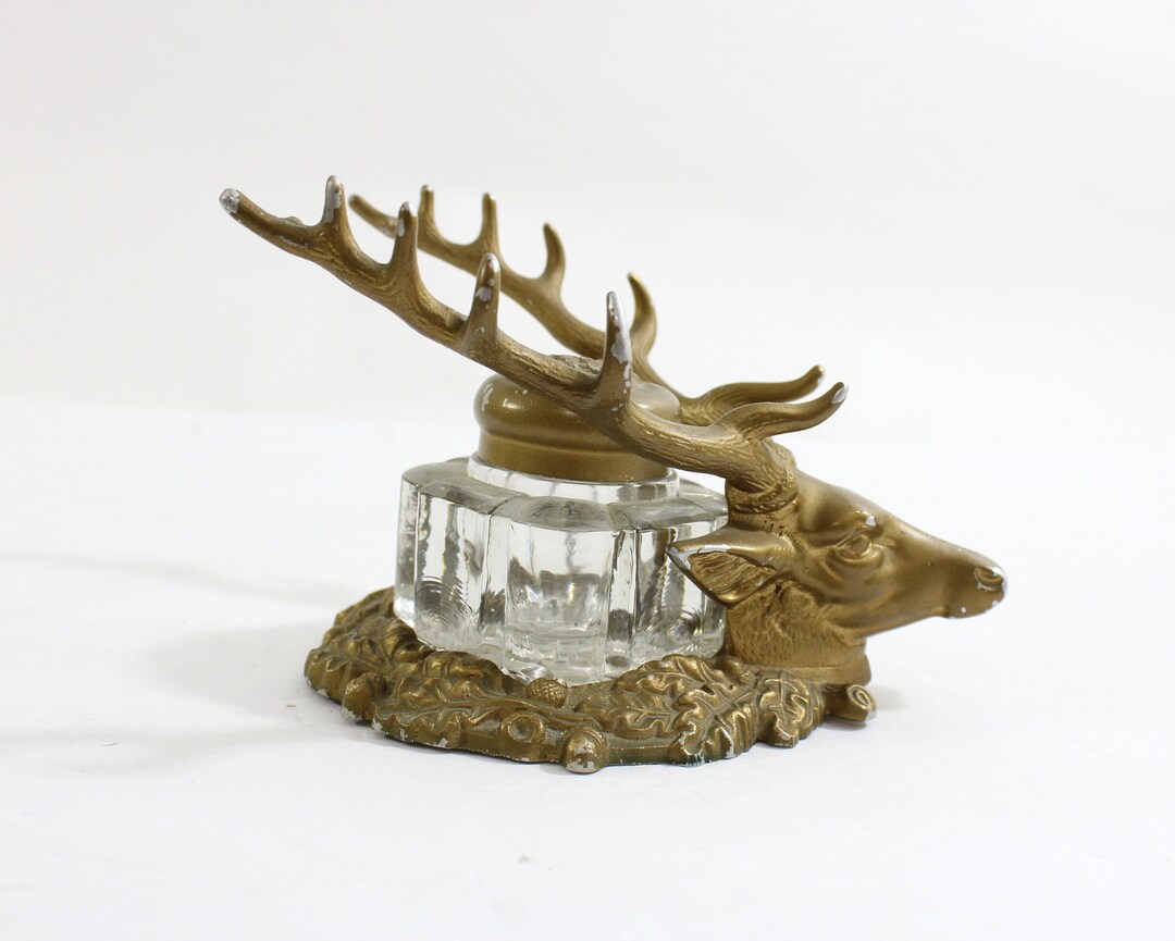Antique Inkwell Stag Head With Antlers as Pen Rest Early 20th Century ...