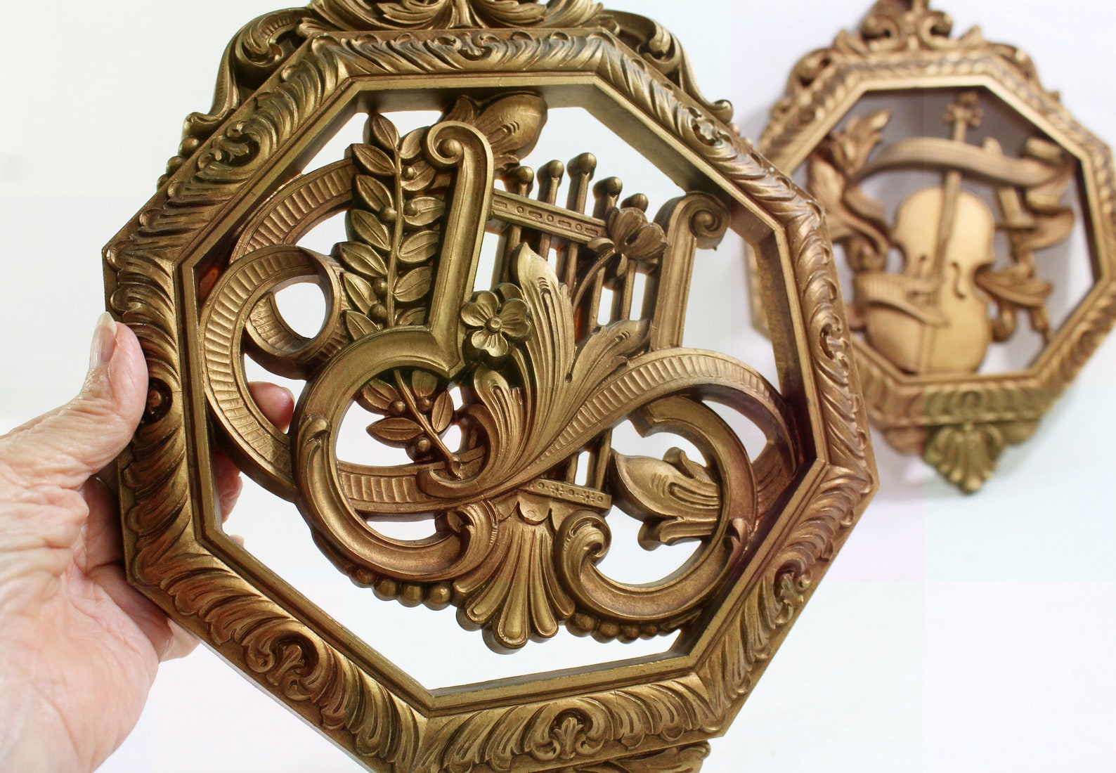 Pair Vintage 70s Gold Homco Wall Decor, Music Theme Plaques Octagonal ...