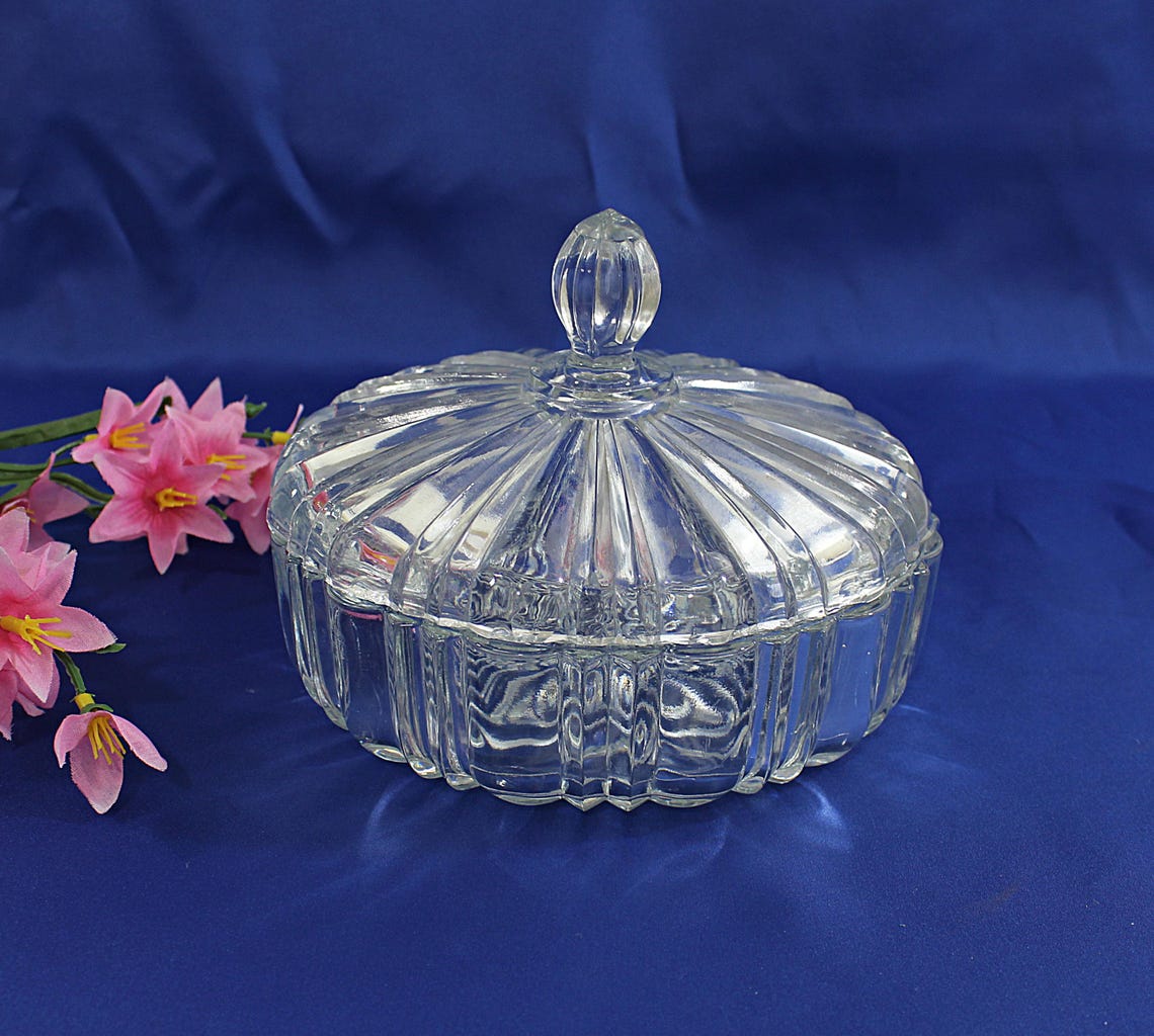 Vintage 60s Glass Candy Dish With Lid: Trinket Vanity Jar - Etsy