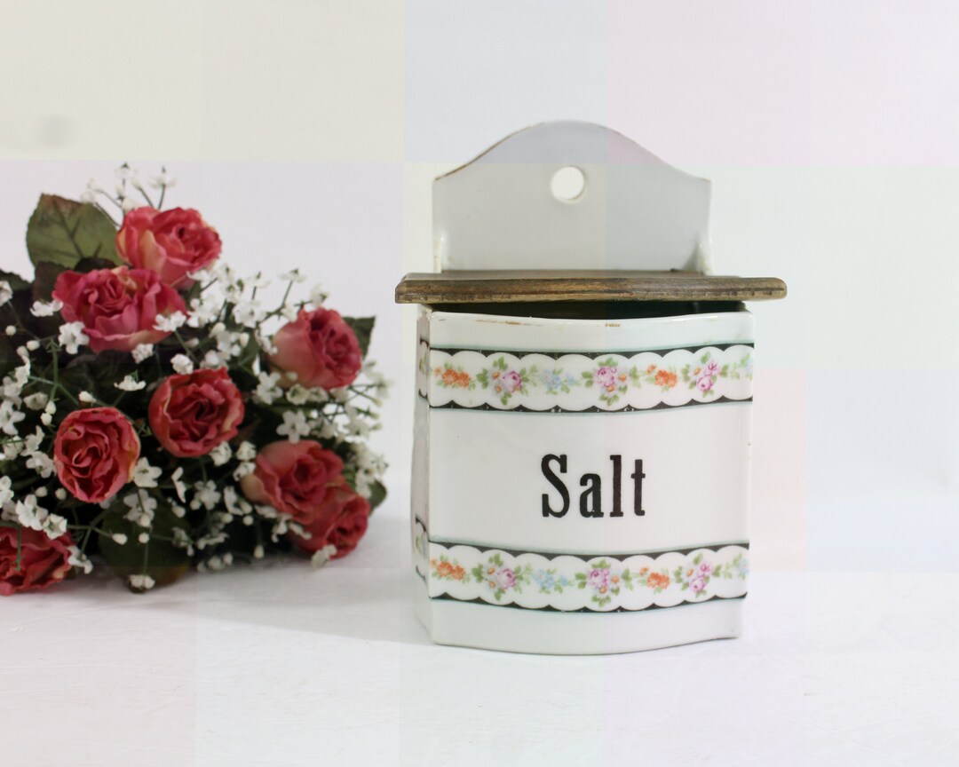 Vintage Porcelain Salt Box With Lid, Wall Mount or Tabletop, Salt ...
