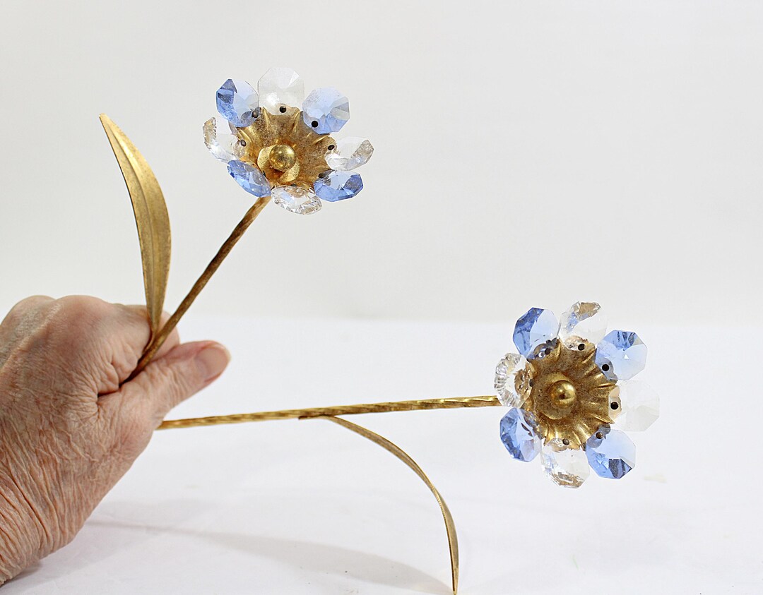 Twisted Gold Metal Flower Stem: Blue & Clear Plastic Petals, Bud Vase ...