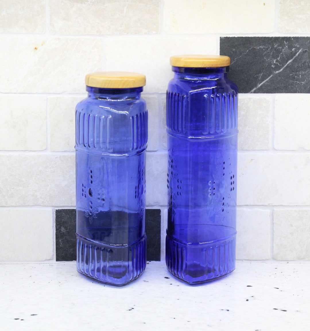 Tall Embossed Blue Glass Jars/canisters With Wooden Lids, Triangular ...