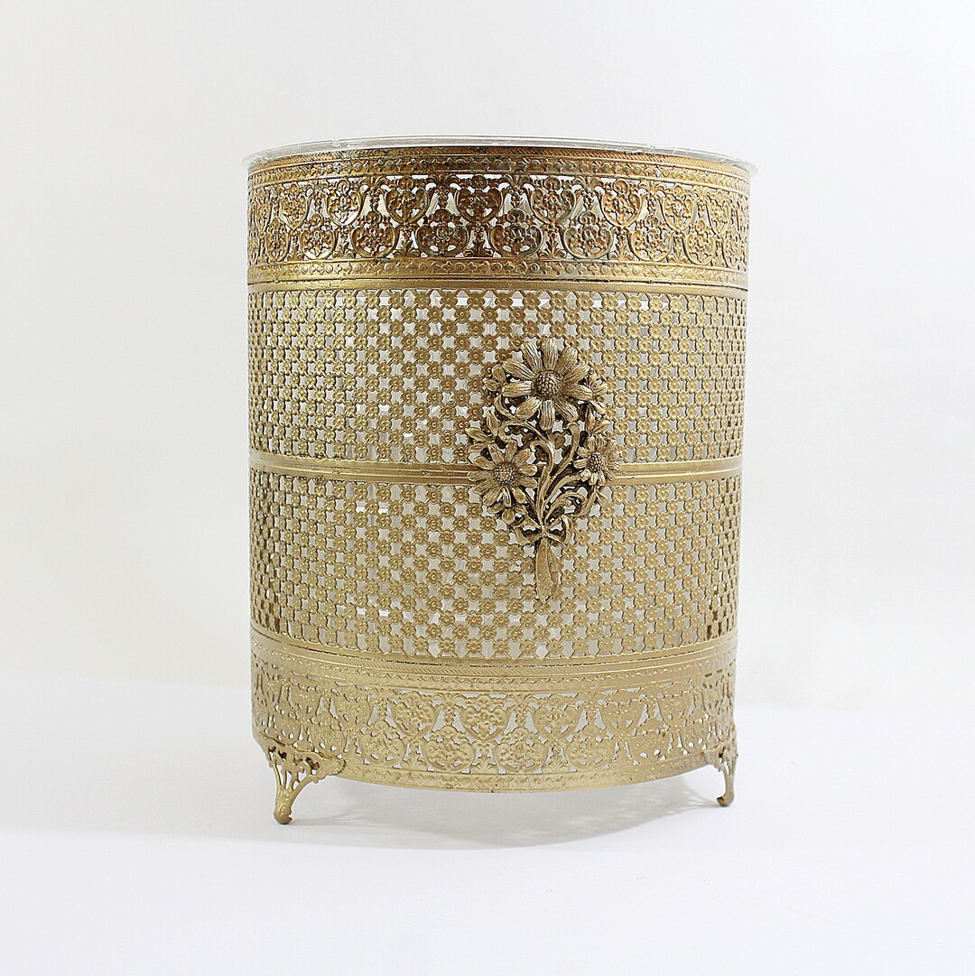 Vintage Hollywood Regency Gold Metal Trash Can With Liner, 60s Era Gold ...