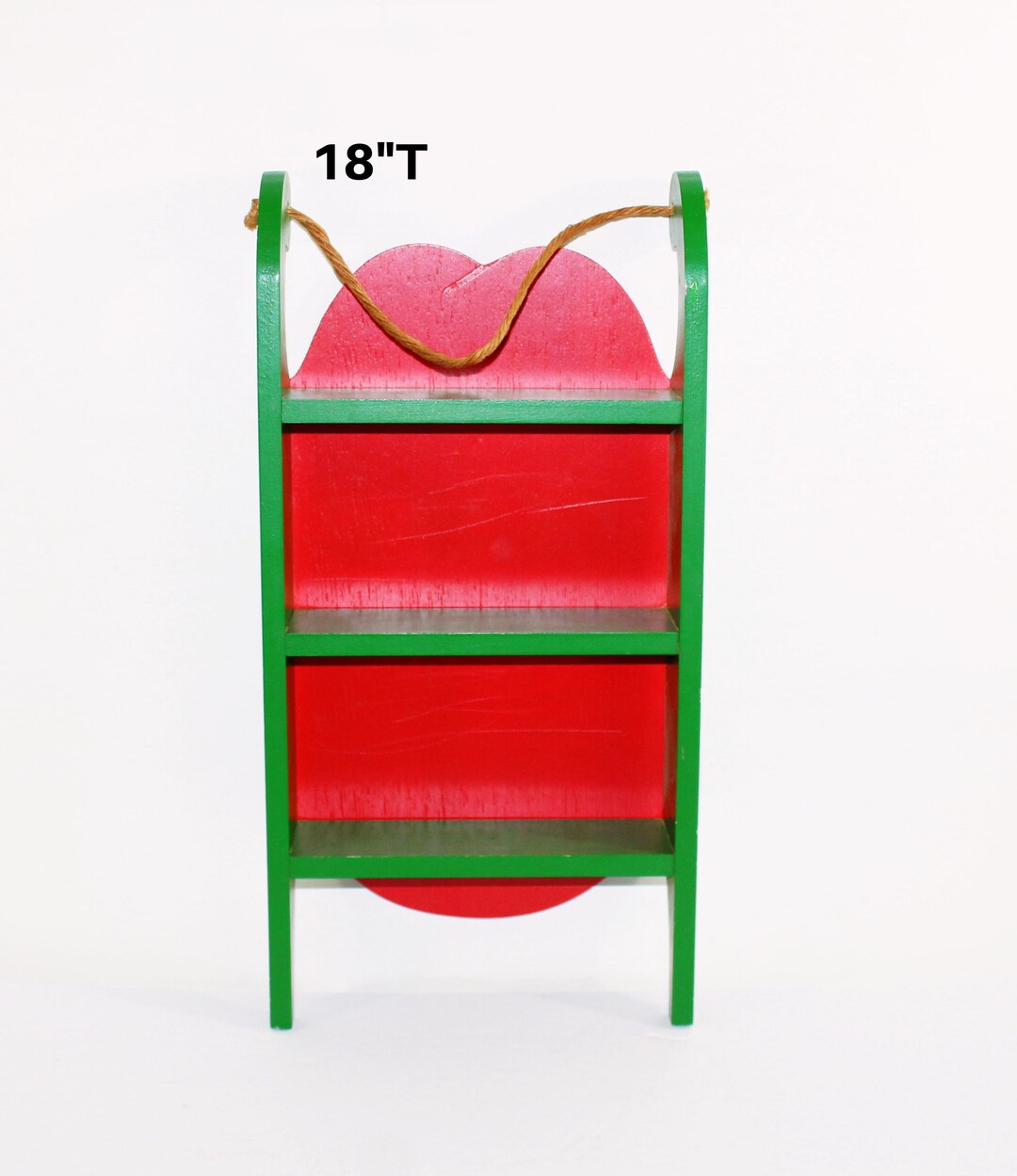 Vintage 3 Shelf Sled Shelves Red & Green Wood With Rope Hanger ...