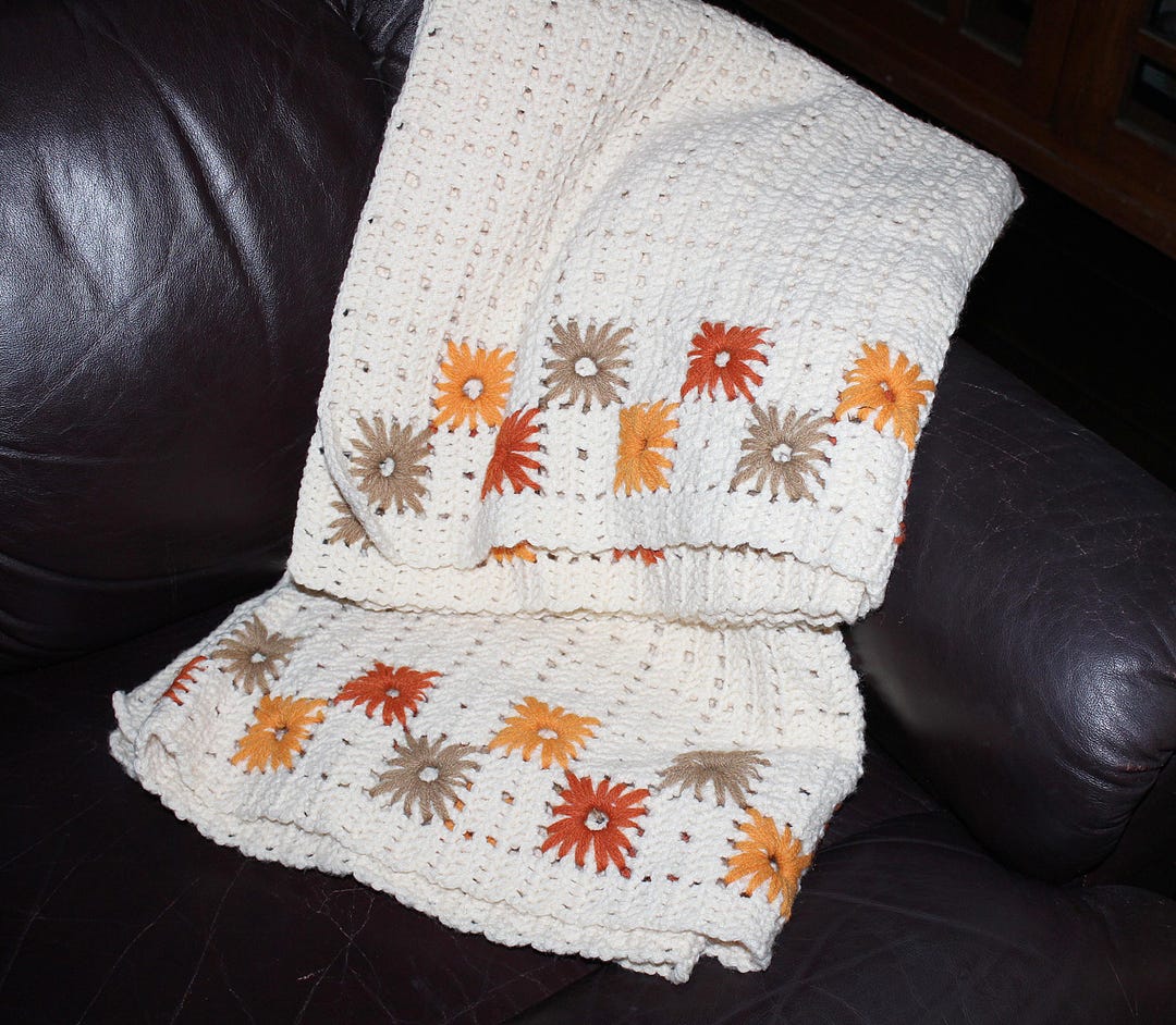 Vintage Crochet Afghan Throw Fall Colors Yellow Brown Orange & off ...