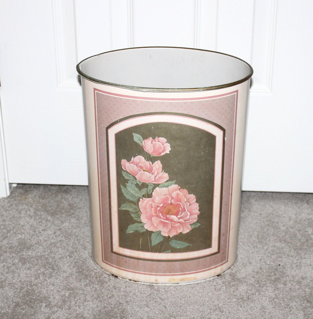 Vintage Metal Trash Can With Pink Roses Design on Front 14"t, No Rust ...
