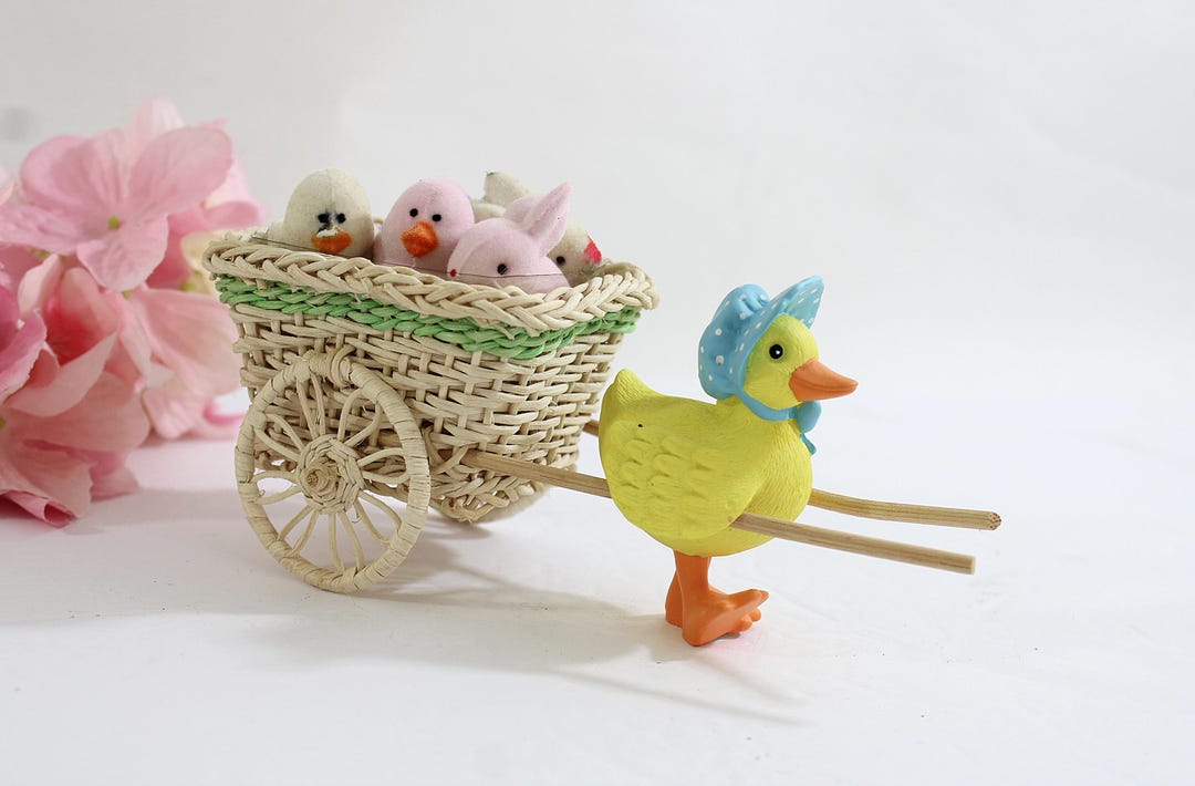 Vintage Easter/spring Duck & Wicker Wagon Full of Flocked Bunnies and ...