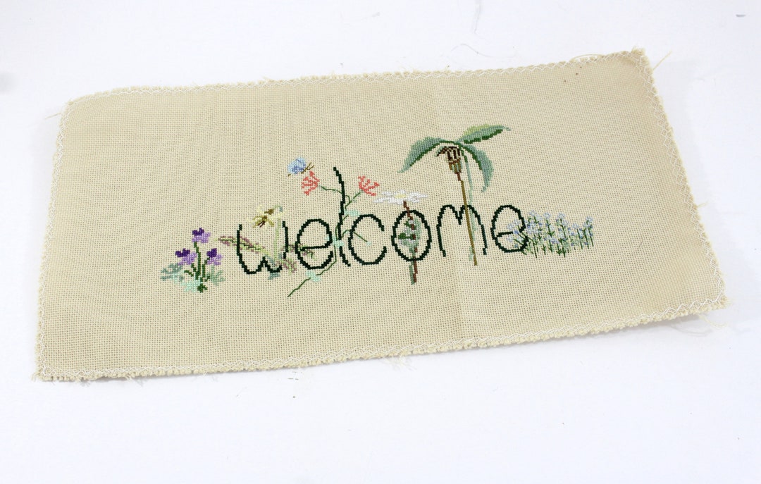 Finished Cross Stitch Welcome Sign With Flowers Intertwined, Ecru ...
