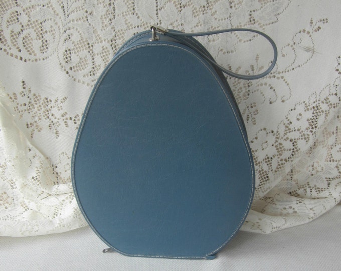Vintage Oval Train Case , Accessories Case , Blue Zip Wig Case , Small Oval Suitcase With Strap ...