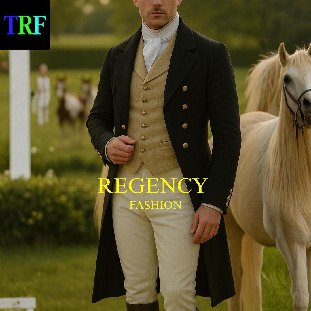 Regency Gentleman Riding Coat Ensemble – Black Wool Coat, Tan Waistcoat ...