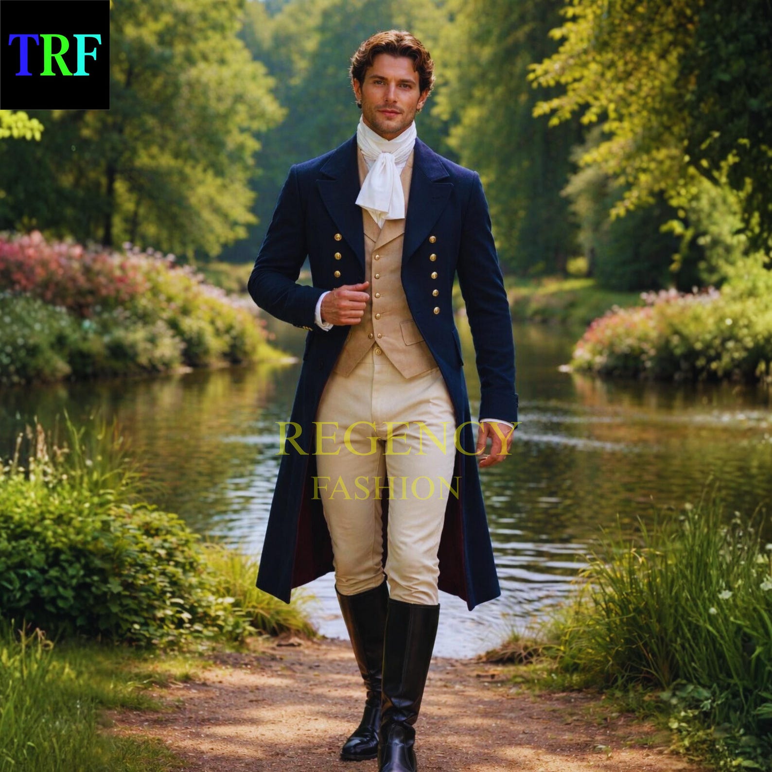 Regency Era Men's Navy Blue Wool Coat | Historical Coat With Beige ...