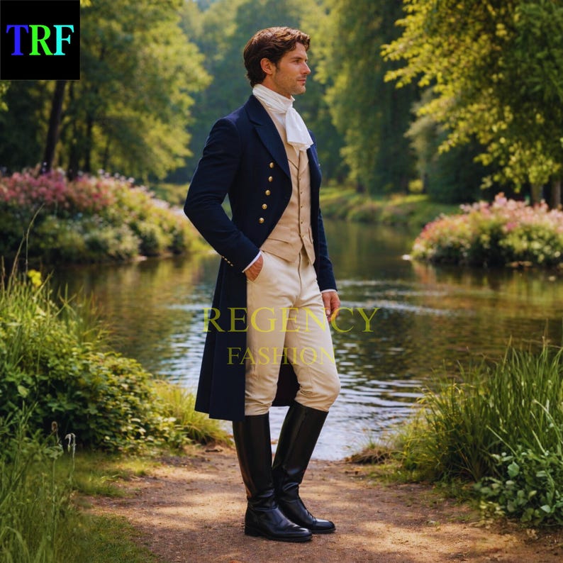 Regency Era Men's Navy Blue Wool Coat | Historical Coat With Beige ...
