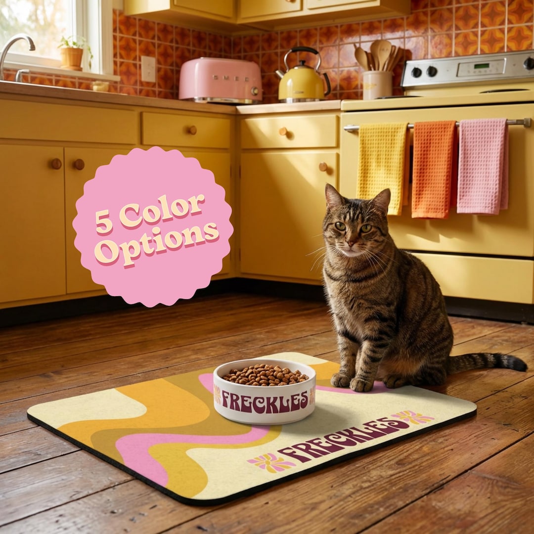 Custom Pet Food Mat, Personalized Retro Feeding Mat With Name, 60s ...