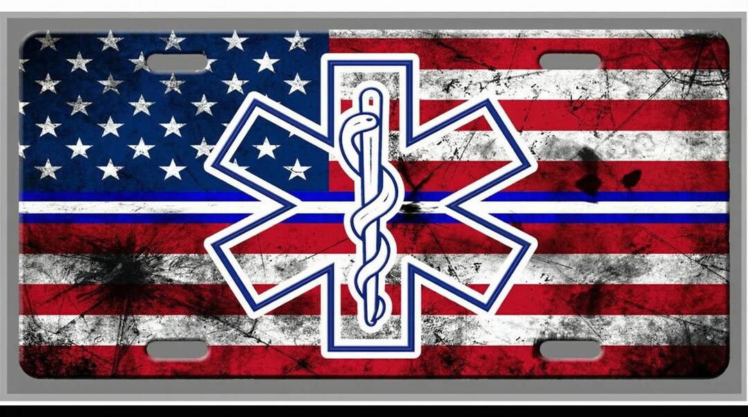 EMS License Plate American Flag Star of Life Car Tag Distressed Blue ...