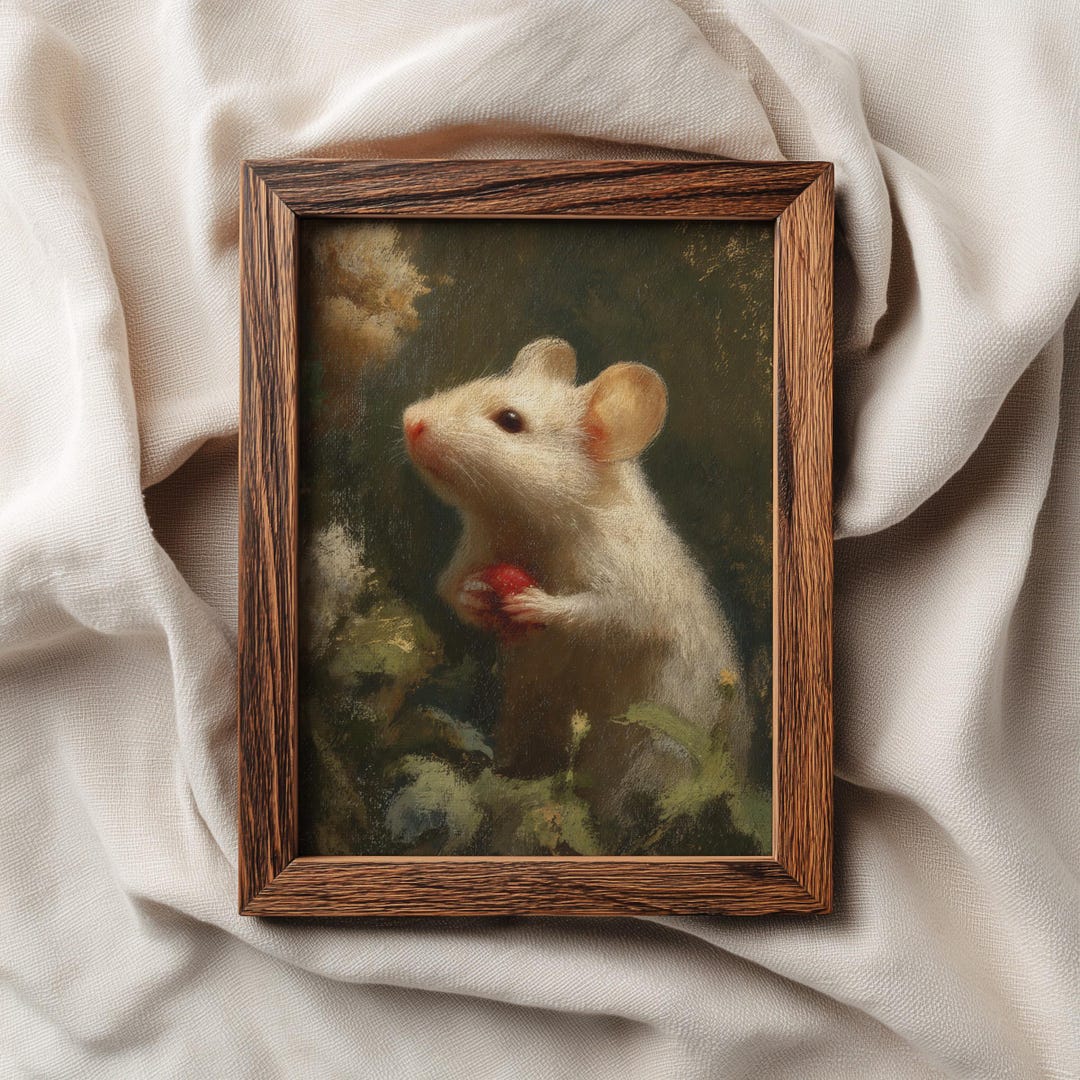 Vintage Strawberry Mouse Art Printable, Cottagecore Moody Painting ...