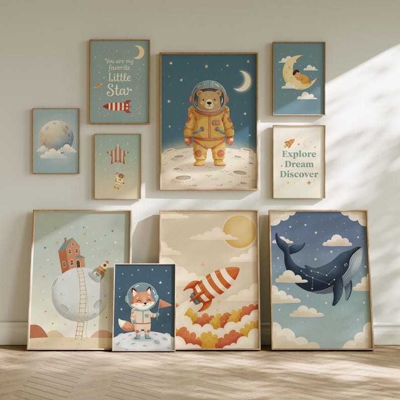 30 Space Nursery Prints Set Storybook Kids Room Decor Retro Nursery ...