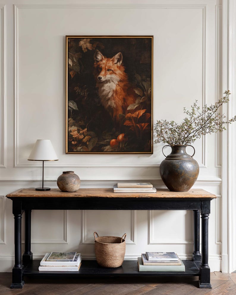 Vintage Fox Oil Painting Printable, Moody Dark Academia Woodland Animal ...