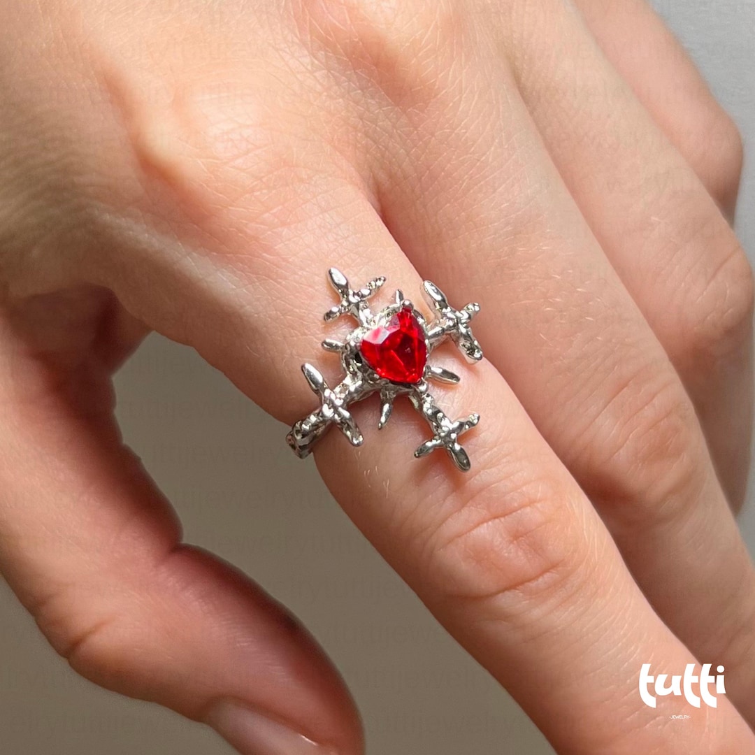 Cross Heart Ring, Gothic Jewelry, Red Gemstone Ring, Filigree Ring ...