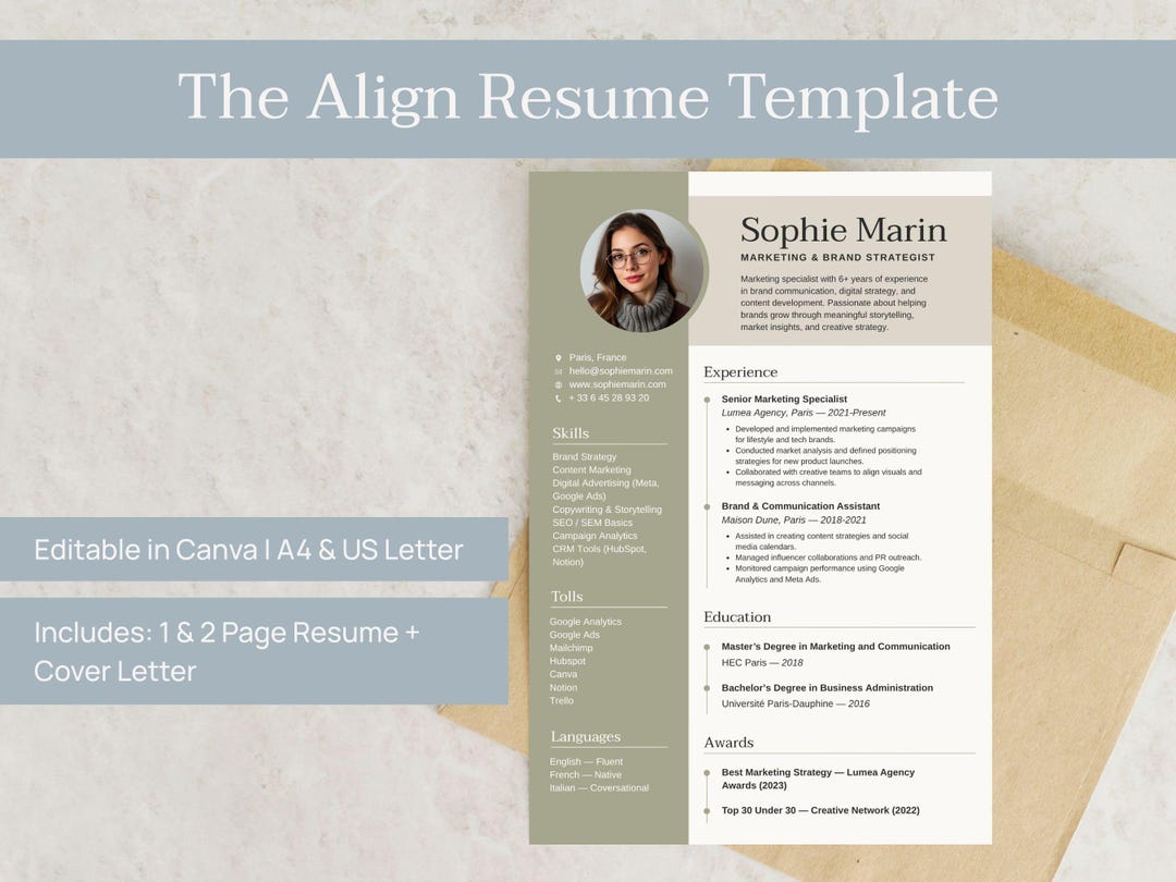 Resume Template “align” for Canva – Minimalist & Professional, A4 + US ...