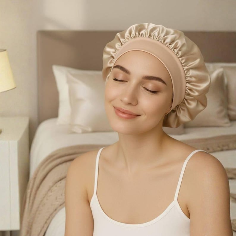 100% Satin Silk Gold Sleep Bonnet – Adjustable, Anti-frizz & Hair ...