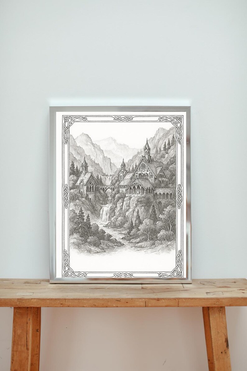 Pen Drawn Aesthetic Print of Elven Village, Fantasy Shire Inspired ...