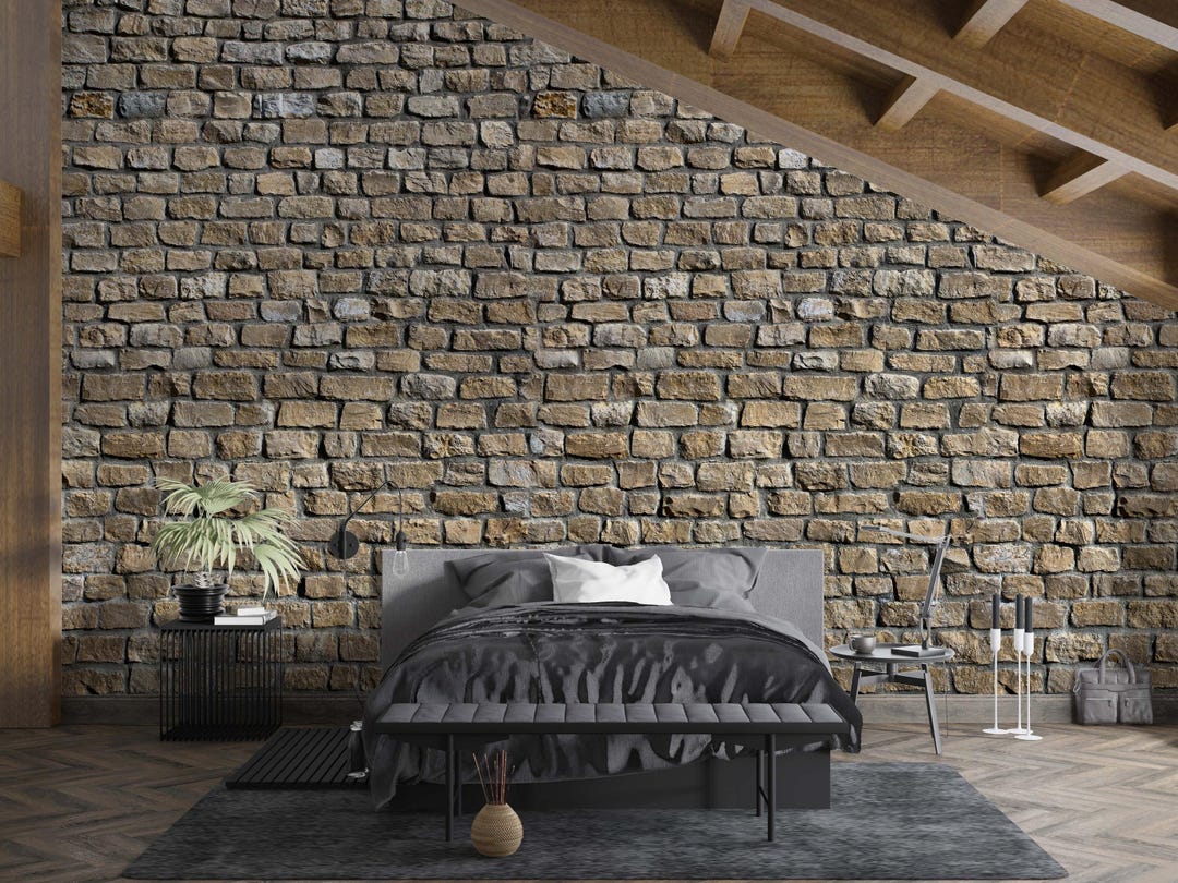 Rustic Stone Wall Textured Wallpaper • Beige Rock Mural • Urban Street ...