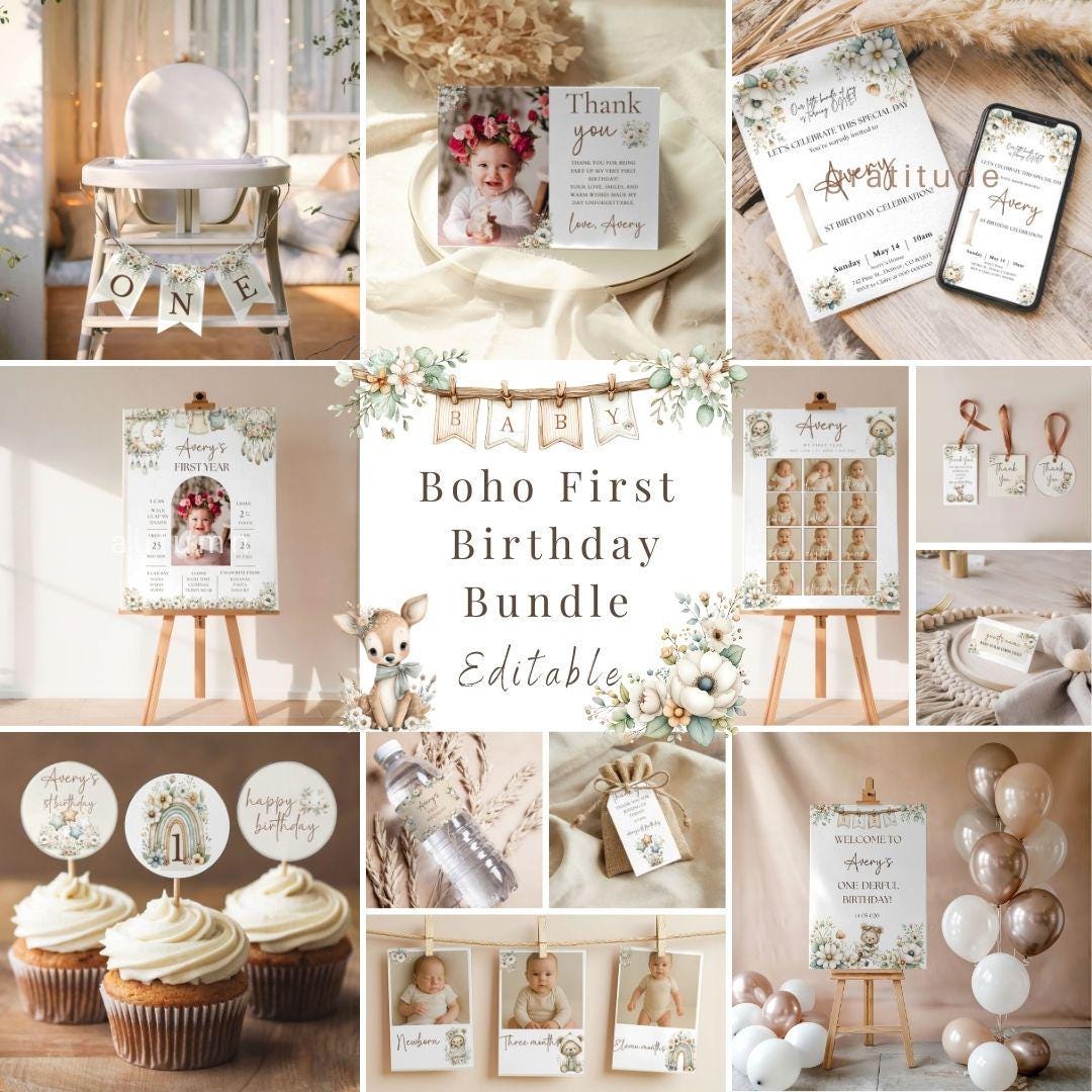 Boho Birthday Template Digital Download Editable Invitation First Party ...