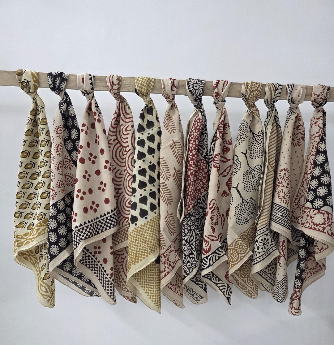 Hand Block Printed Cotton Bandana Scarf, Set of 12 Pieces Organic ...