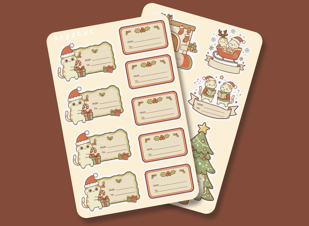 Christmas Cat Gift Label Sticker Sheet, Cute Holiday to From Tags ...