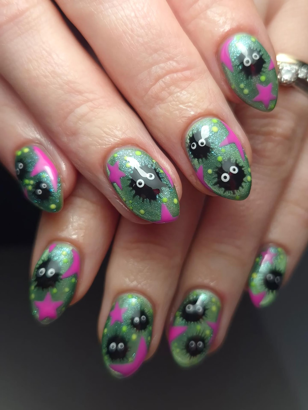 Ghibli Soot Sprite Press on Nails, Cute Anime Green Nails, Sparkly ...