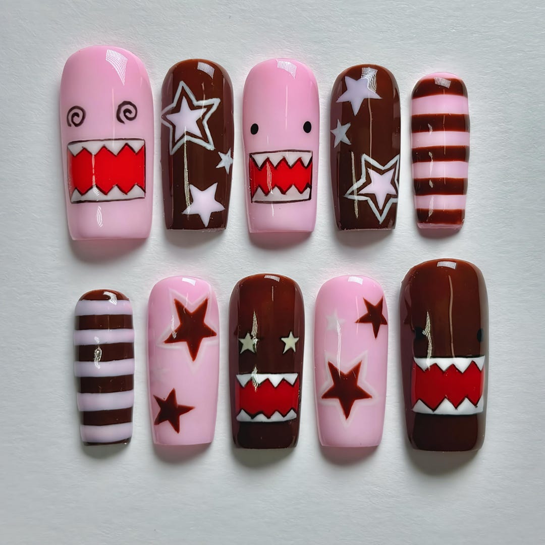 Kawaii Domo Press on Nails, Brown and Pink Y2K Aesthetic Nails ...