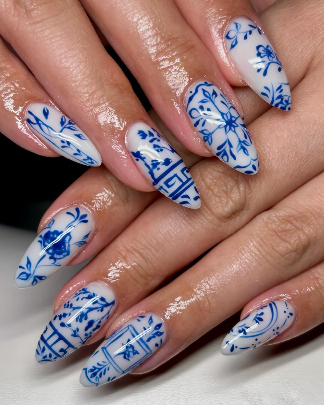 Blue and White Porcelain Press on Nails, Almond Nails With Vintage ...