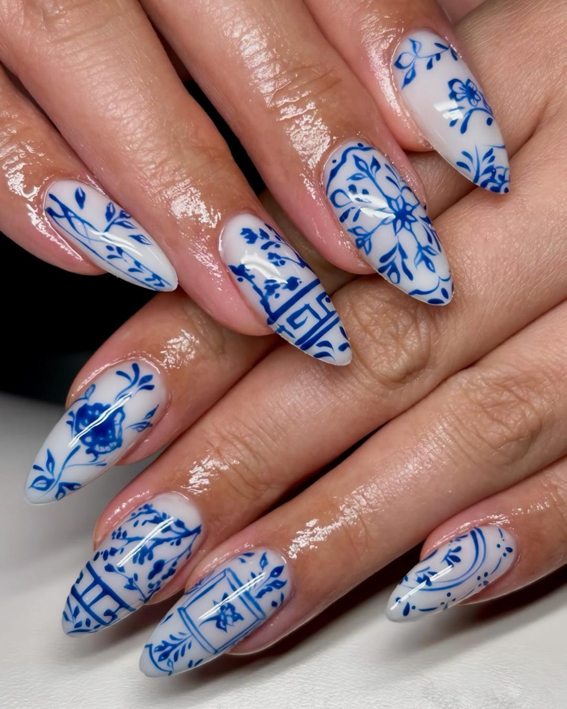 Blue and White Porcelain Press on Nails, Almond Nails With Vintage ...