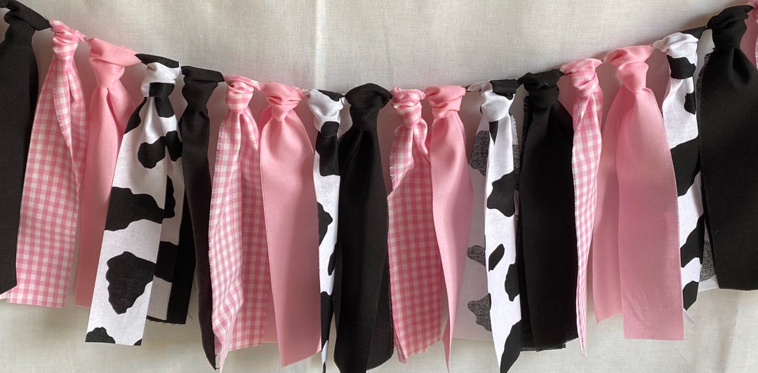 Cowgirl Fabric Garland Banner, Cow Print, Pink Check, Pink, Black Farm ...