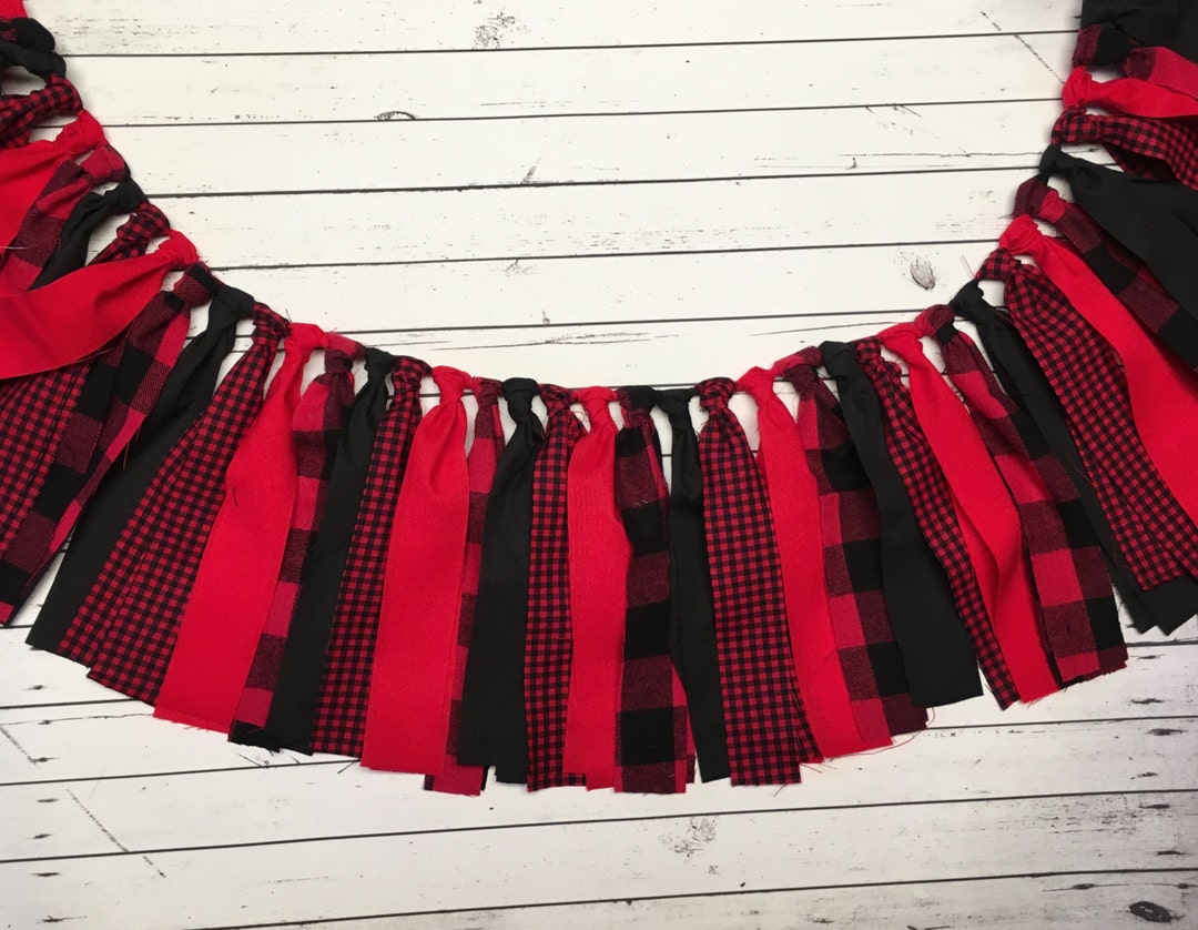 Buffalo Plaid Garland Fabric Rag Banner, Lumberjack Party 1st Birthday ...