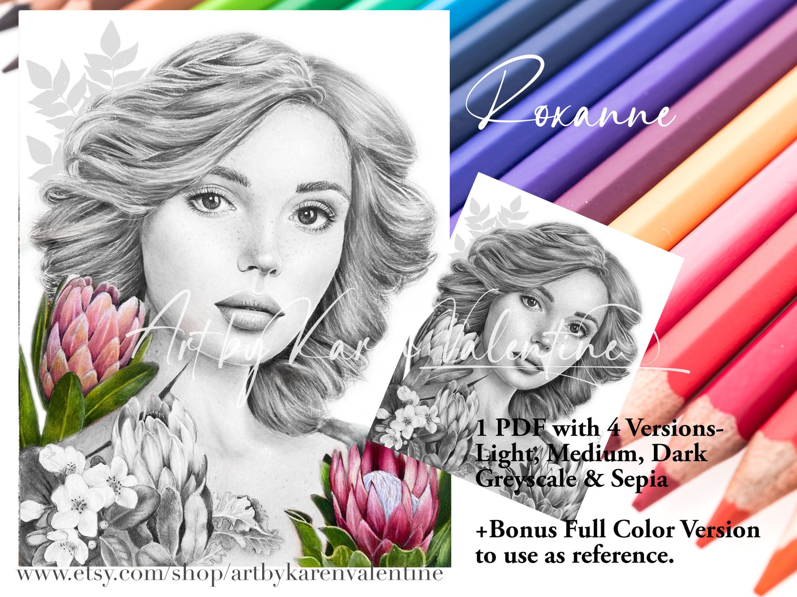 Roxanne Greyscale Coloring Page Instant Download PDF - Etsy