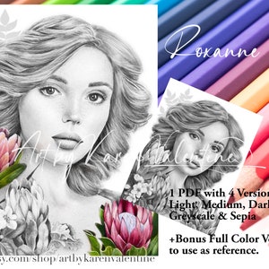 Roxanne Greyscale Coloring Page, Instant Download, PDF, Portrait, Adult ...