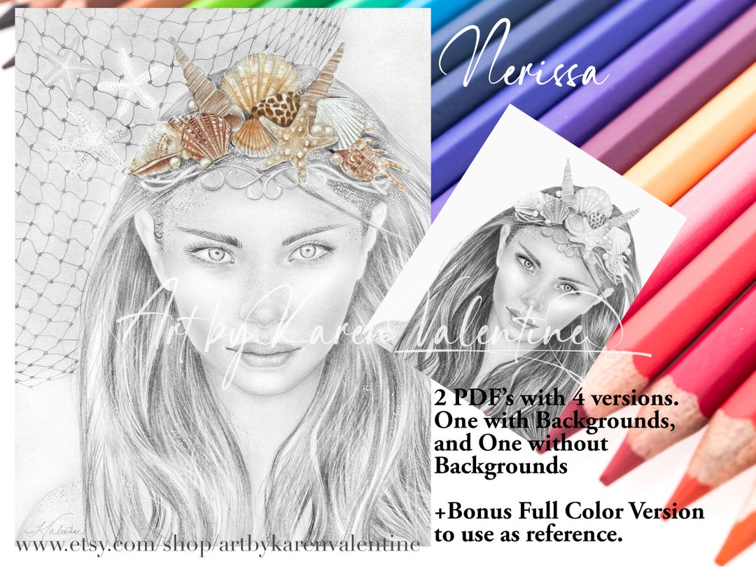 Nerissa Greyscale Coloring Page, Mermaid, Mermay, Instant Download, PDF ...
