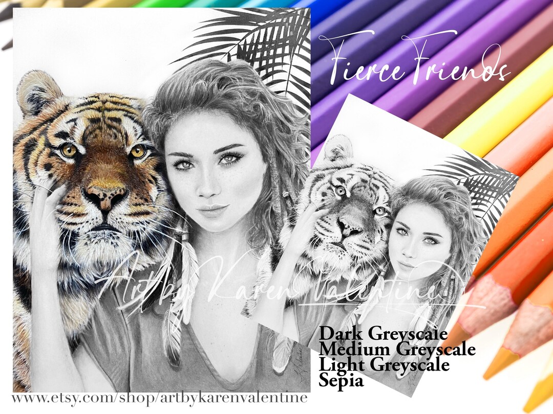Fierce Friends Greyscale Coloring Page, PDF, Portrait, Adult Coloring ...