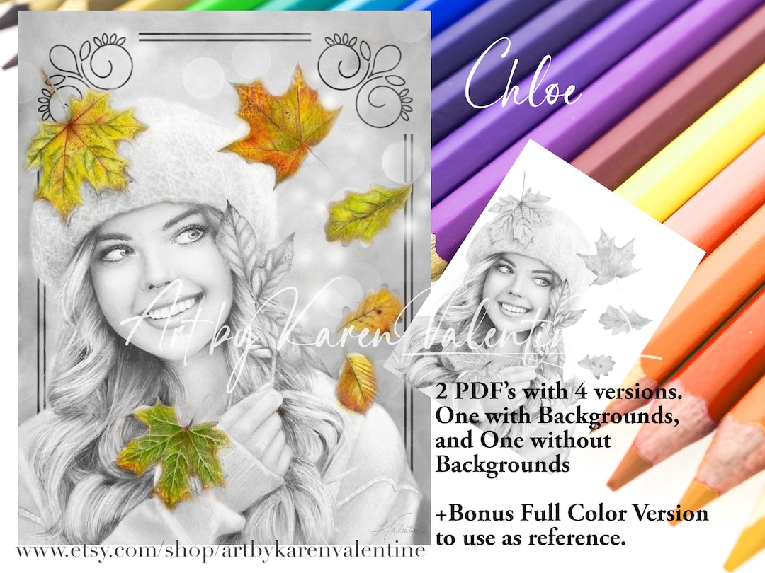 Chloe Greyscale Coloring Page, Autumn, Instant Download, PDF, Portrait ...