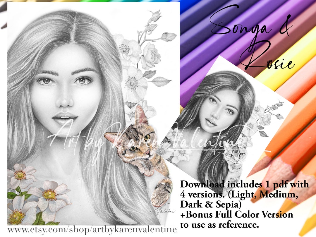 Sonya & Rosie, Greyscale Coloring Page, Instant Download, PDF, Portrait ...