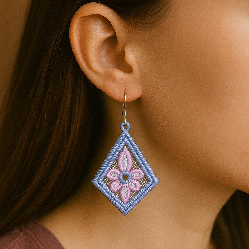 FSL Embroidery Earring. Free Standing Lace. Diamond Shape Floral ...
